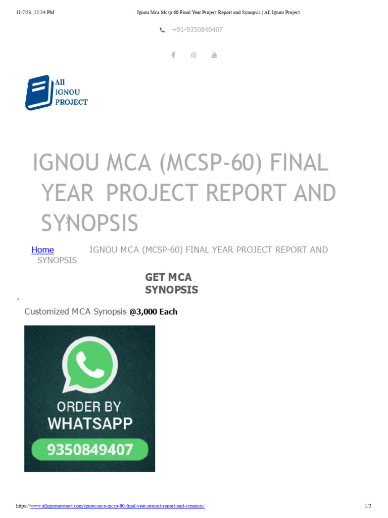 Ignou Mca MCSP 60 Final Year Project Report and Synopsis | PDF