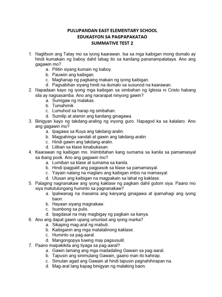 ESP 5 Quarter 1 SUMMATIVE TEST 2 | PDF ESP 5 Quarter 1 SUMMATIVE TEST 2 | PDF