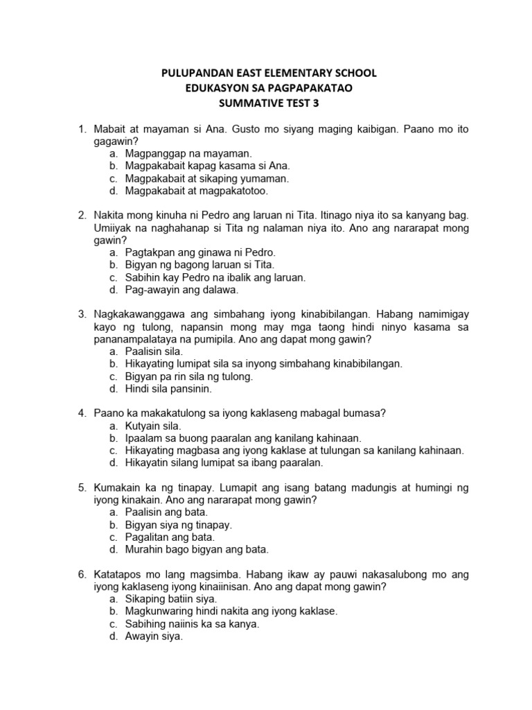 ESP 5 SUMMATIVE TEST 3 Quarter 1 | PDF