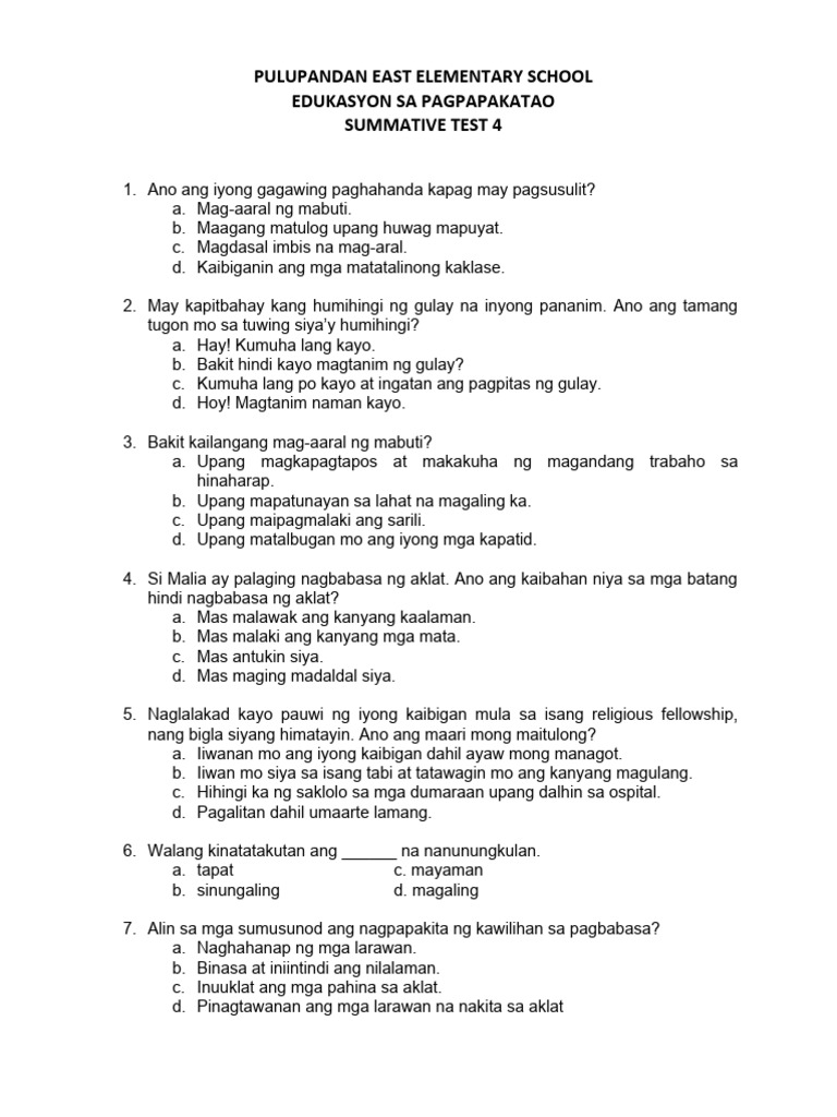 ESP 5 SUMMATIVE TEST 4 Quarter 1 | PDF