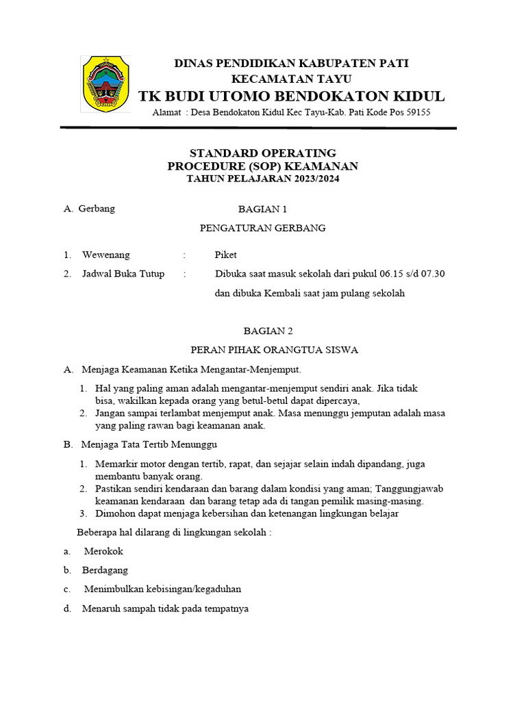 SOP Keamanan Anak PAUD 2023/2024 | PDF | Kesehatan Holistik