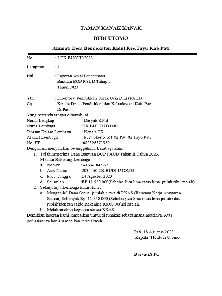 Laporan Penerimaan BOP PAUD 2023 | PDF