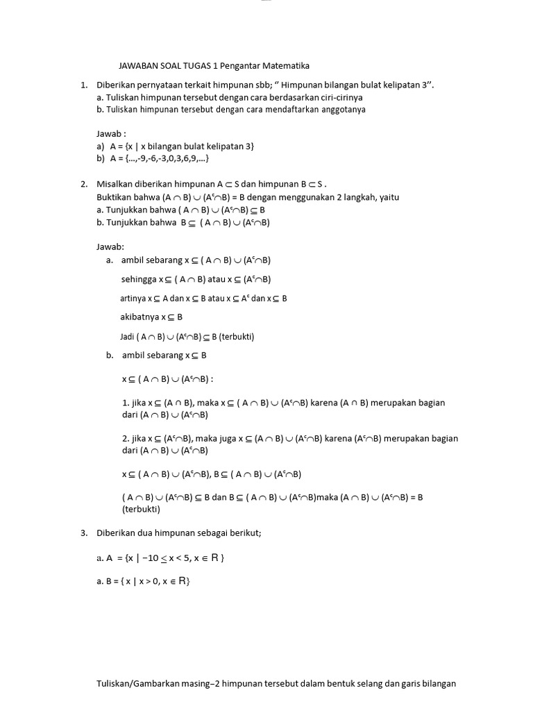 JAWABAN SOAL TUGAS 1 Pengantar Matematika | PDF