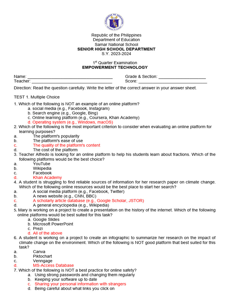 1ST QTR EXAM Answersheet | PDF