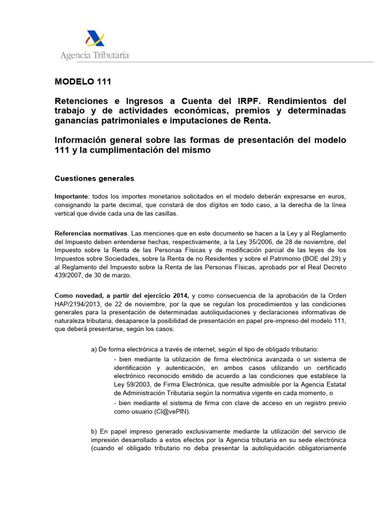 Modelo 111: Retenciones IRPF y Presentación | PDF | Impuestos ...