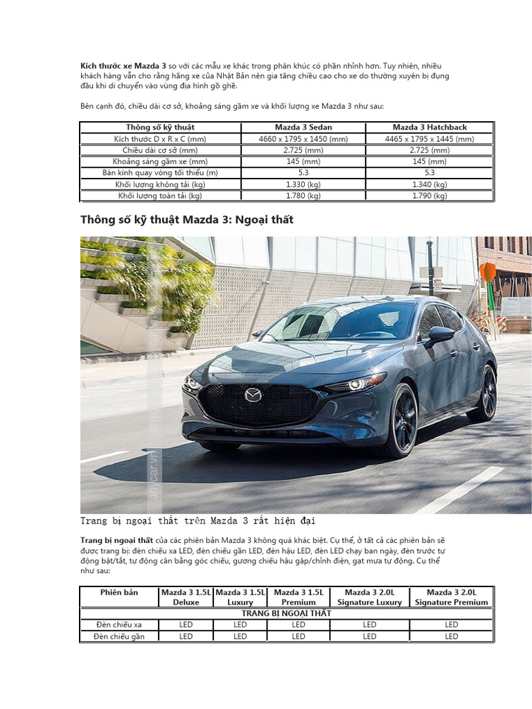 Kích thước xe Mazda 3 so với các mẫu xe khác trong | PDF