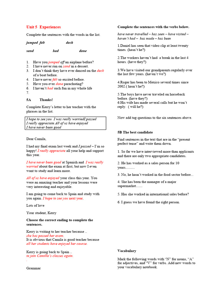 EL Unit 5 Experiences Answer Key | PDF | Syntax | Language Mechanics