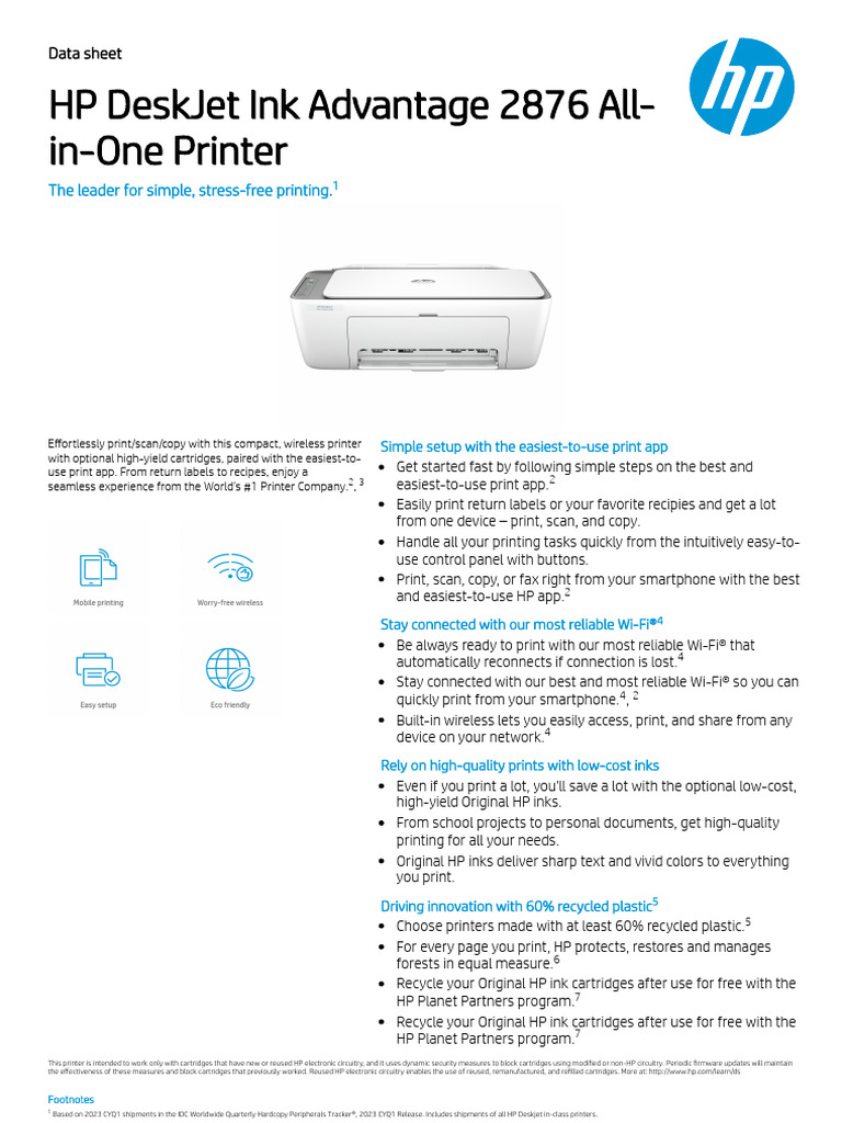 HP Deskjet Ink Advantage 2876 All-In-One Printer: Data Sheet | PDF | Printer (Computing) | Image ...