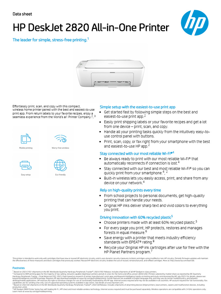 HP Deskjet 2820 All-In-One Printer: Data Sheet | PDF | Printer ...