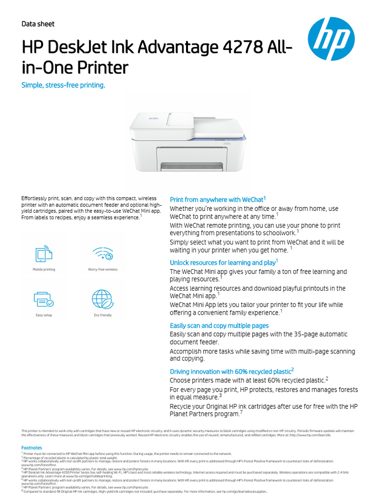 HP Deskjet Ink Advantage 4278 All-In-One Printer: Data Sheet | PDF ...