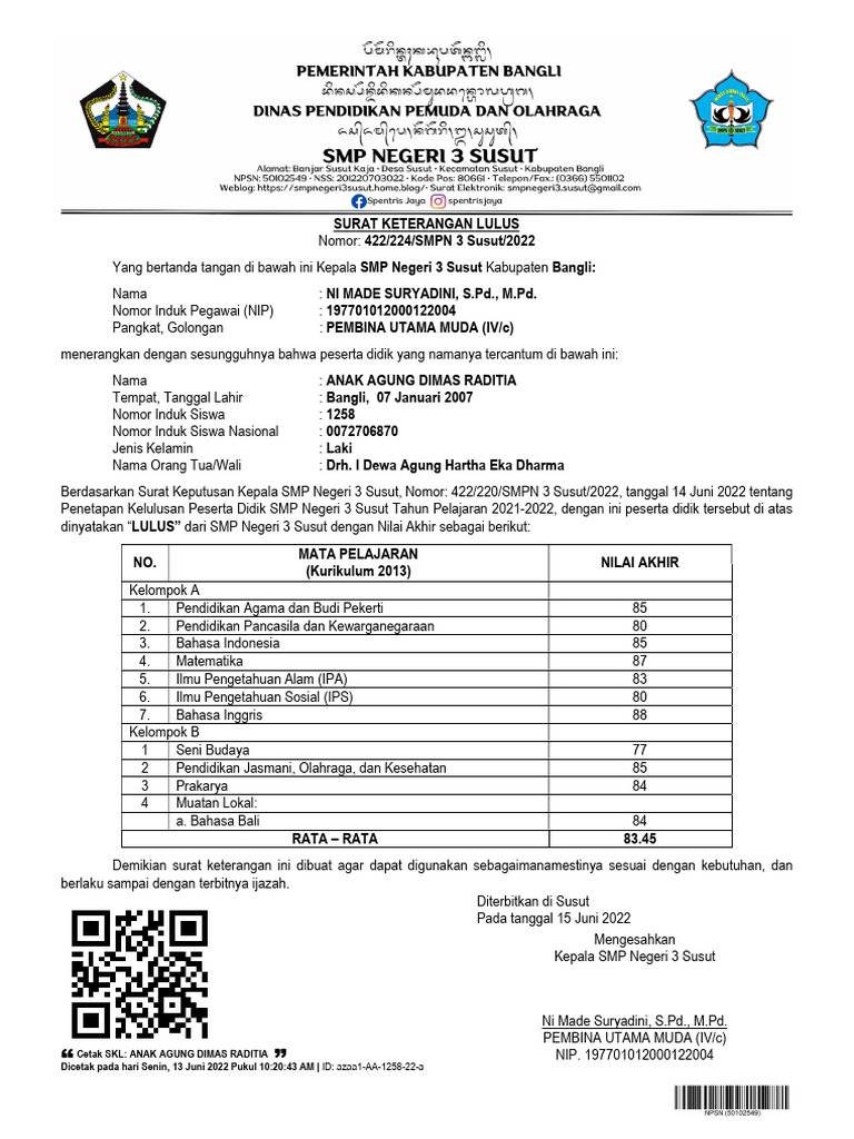 Surat Keterangan Lulus (SKL) TP. 2021-2022 - 1 | PDF