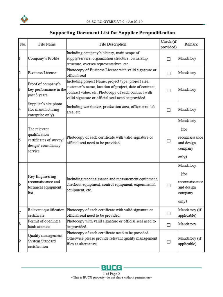 Supporting Document List For Supplier Prequalification (English Version ...