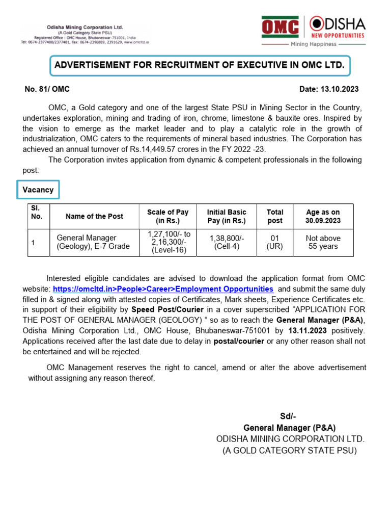 Detailed Notification OMC Limited Executive Posts Recruitment 2023 ...