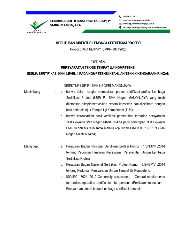 SK Persyaratan Teknis Tuk TKR | PDF