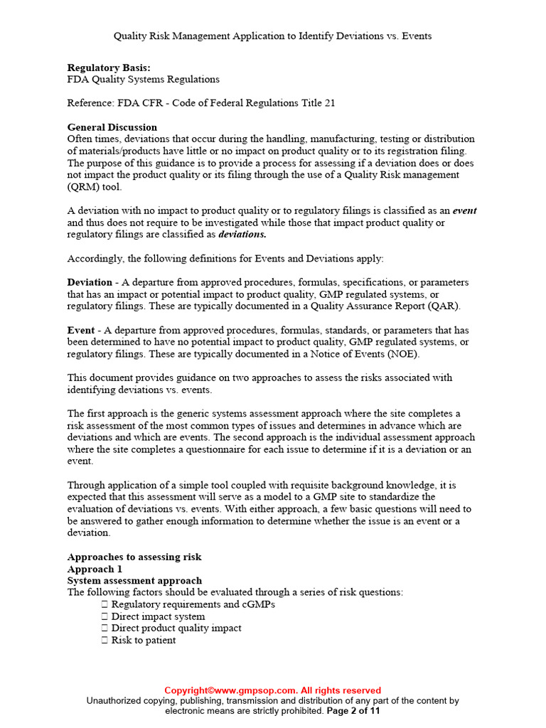 Example Quality Risk Management Application To Identify Deviations Vs ...