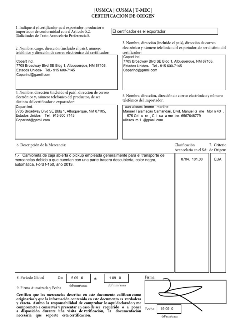 Formato Certificado de Origen T-MEC | PDF