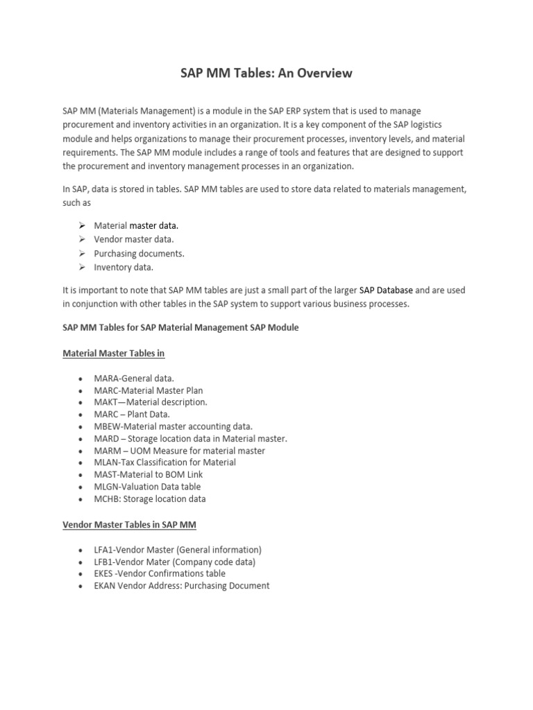 SAP MM Tables_ An Overview | PDF | Inventory | Logistics