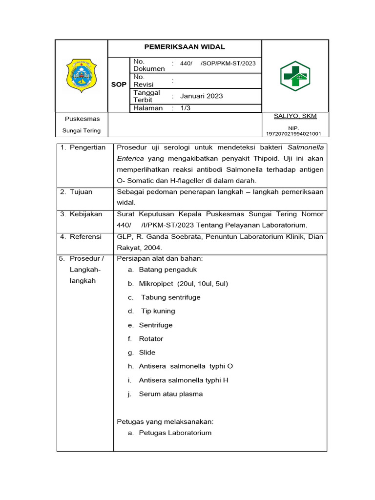 Prosedur Pemeriksaan Widal Thypoid | PDF