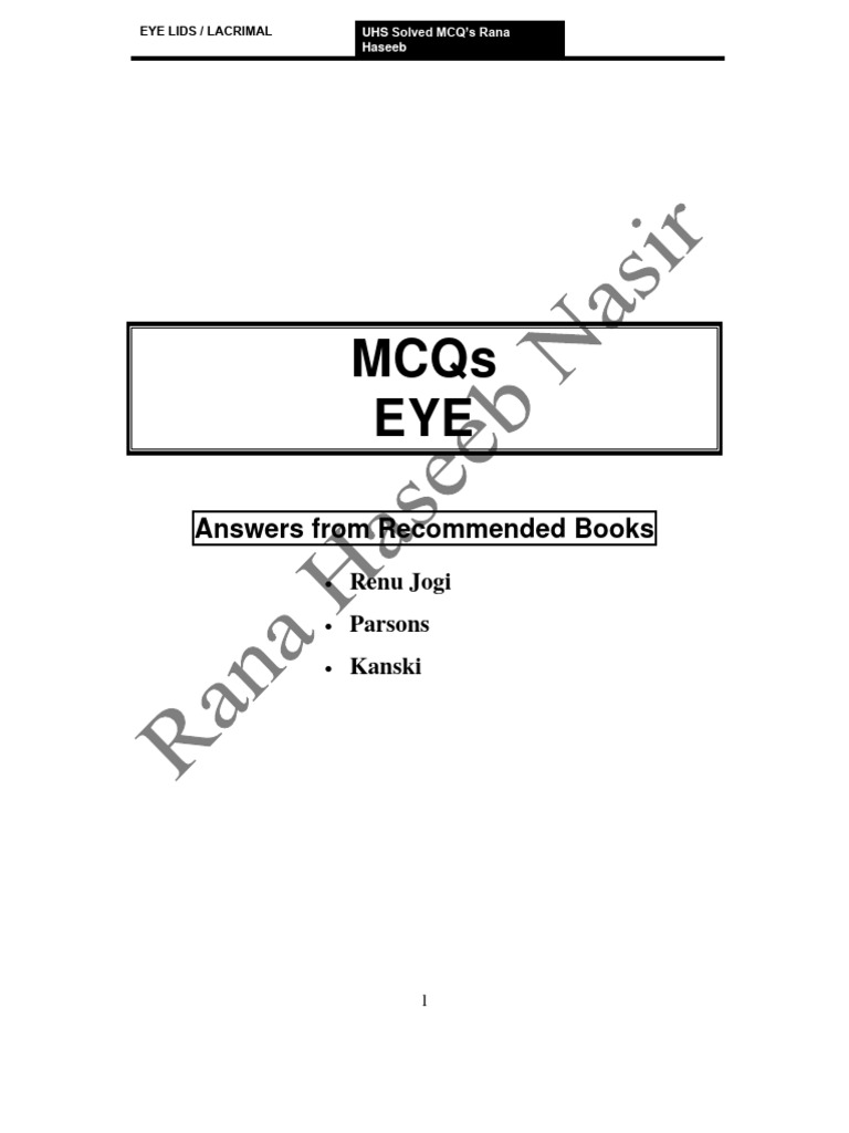 Eye (4th Year) MCQs - Rana Haseeb 2020 | PDF | Cornea | Causes Of Death