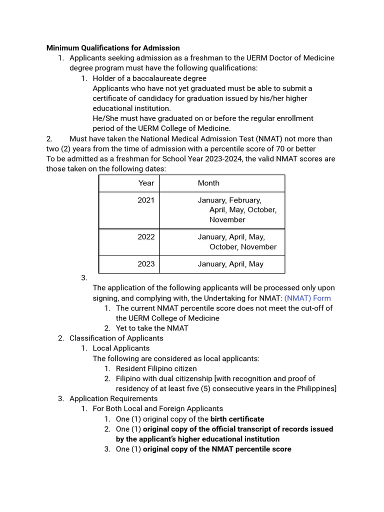 UERM Minimum Qualifications For Admission | PDF | University And ...