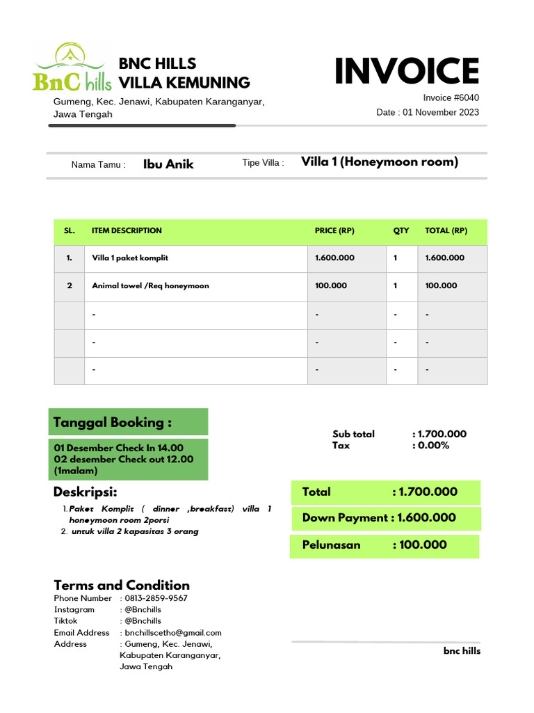 Invoice for Villa Honeymoon Package | PDF