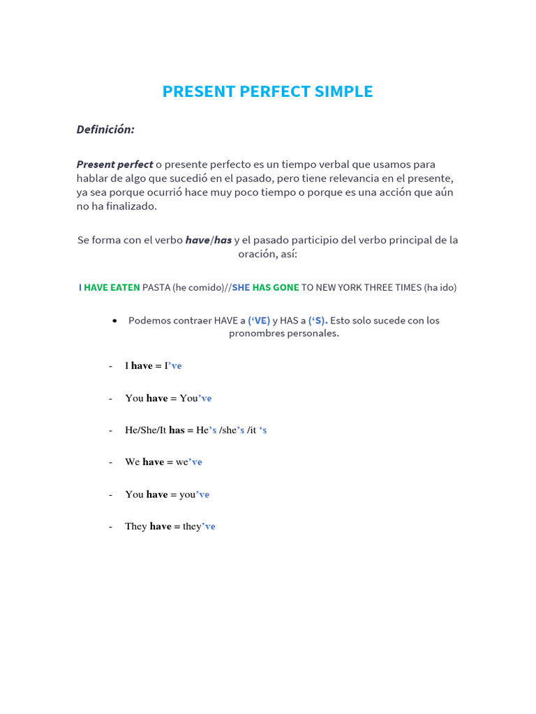 Present Perfect Simple | PDF | Verbo | Oración (Lingüística)