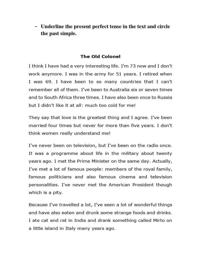 READIND FIND THE PRESETN PERFECT I (COLONEL) | PDF | Language Arts ...