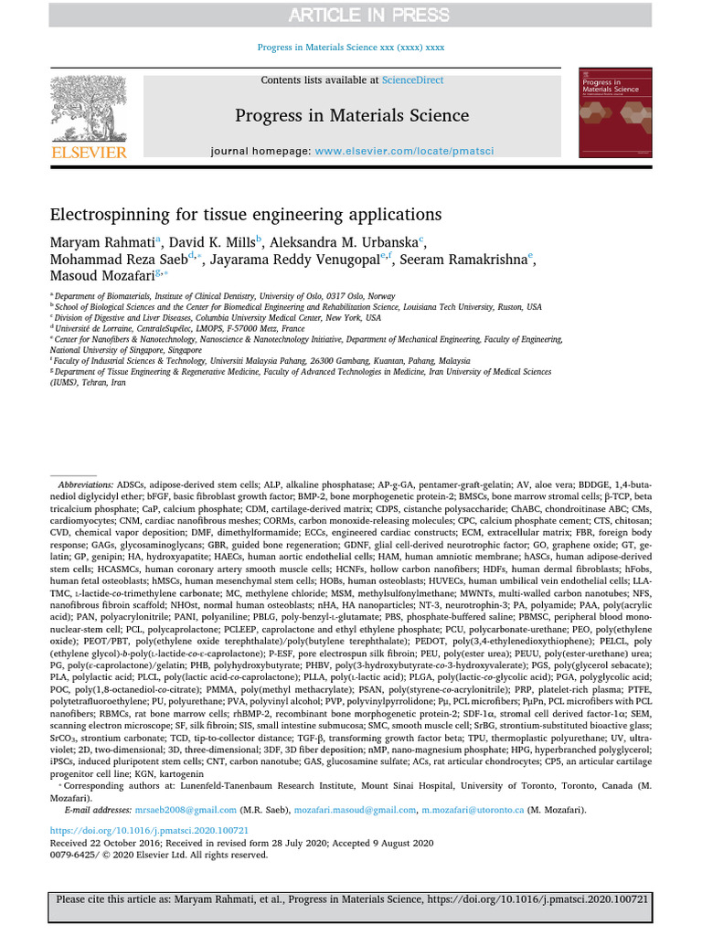 Electrospinning For Tissue Engineering Applications | PDF | Tissue Engineering | Biomaterial