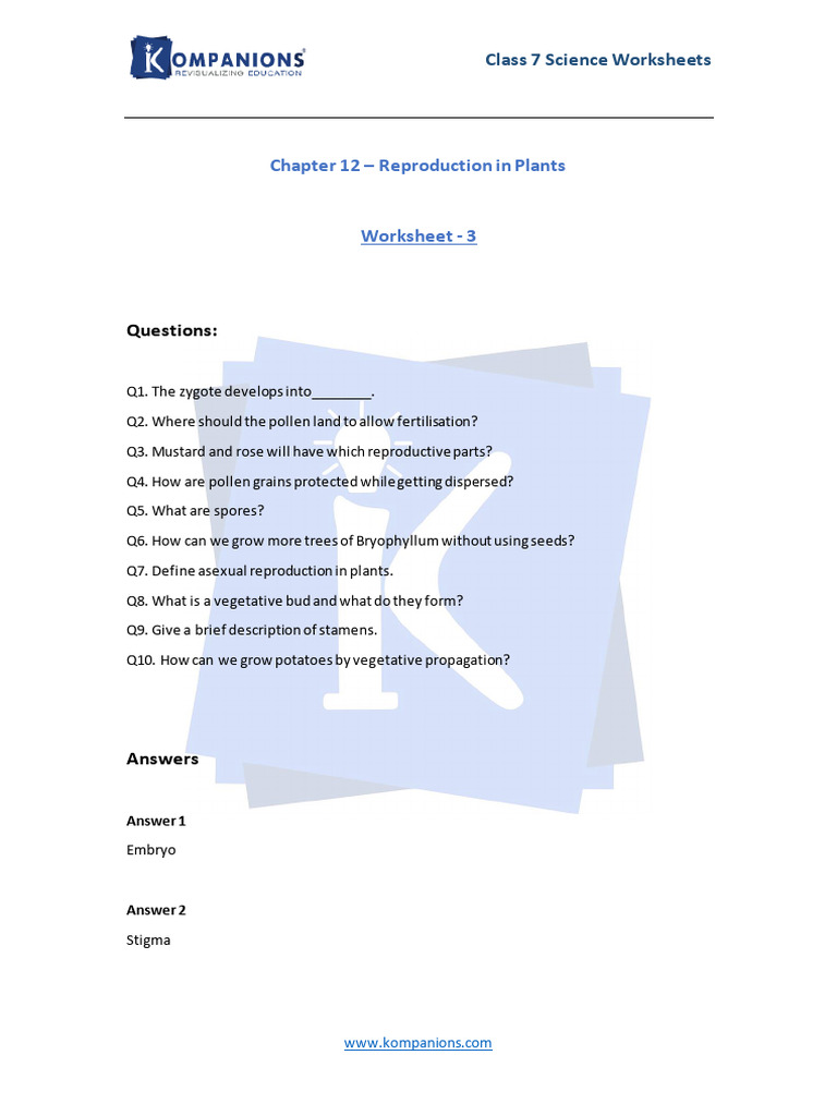 Class 7 Science Chapter 12 Reproduction in Plants Worksheet 3 | PDF