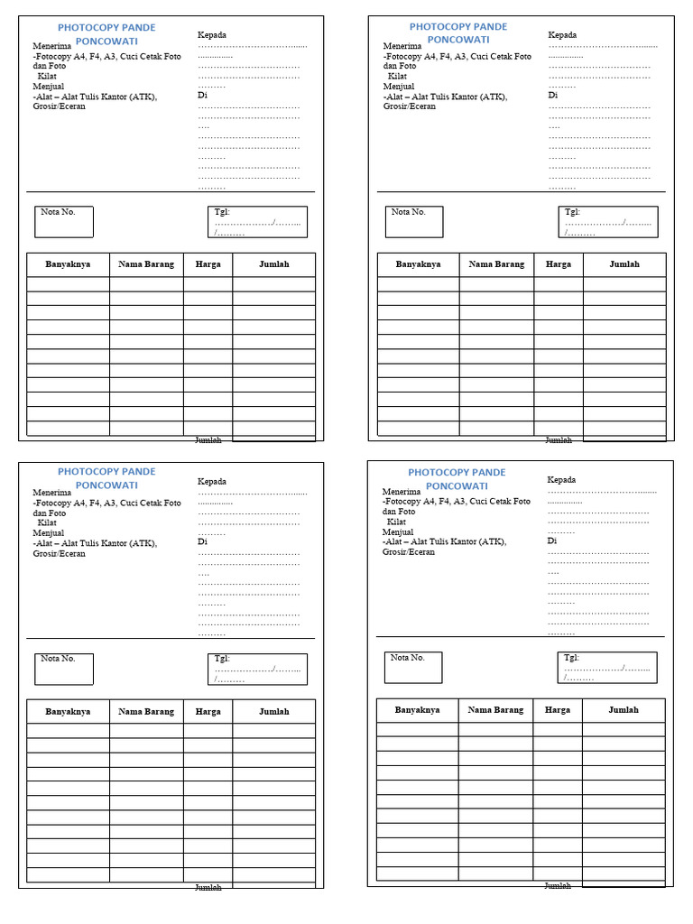 Contoh Nota Toko Fotocopy dan ATK | PDF