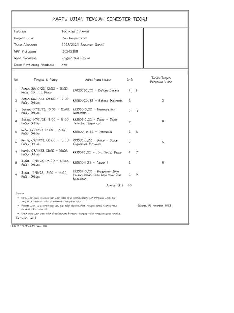 Sisfo Akademik Univ. YARSI Cetak Kartu Ujian Mahasiswa | PDF
