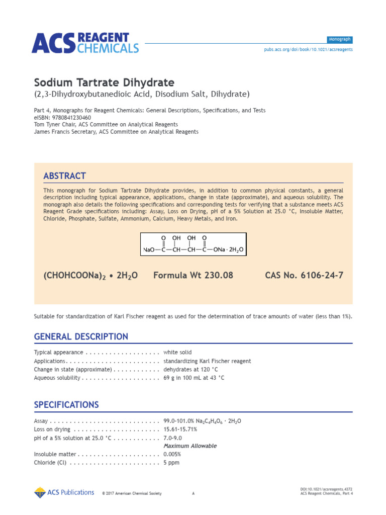 Sodium Tartrate Dihydrate Monograph | PDF | Acid | Solubility