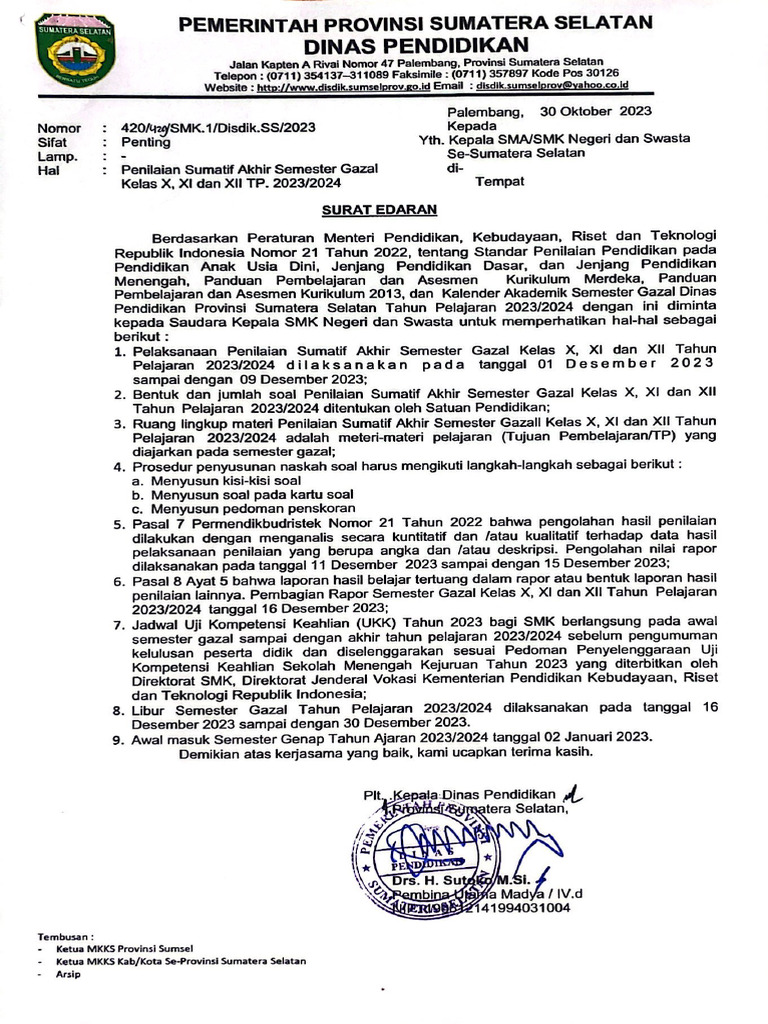 Surat Edaran Penilaian Sumatif | PDF