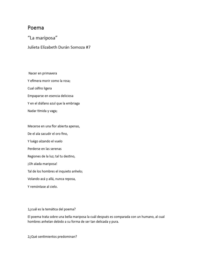 Poema "La Mariposa" de Julieta Durán | PDF | Poesía | Clásicos