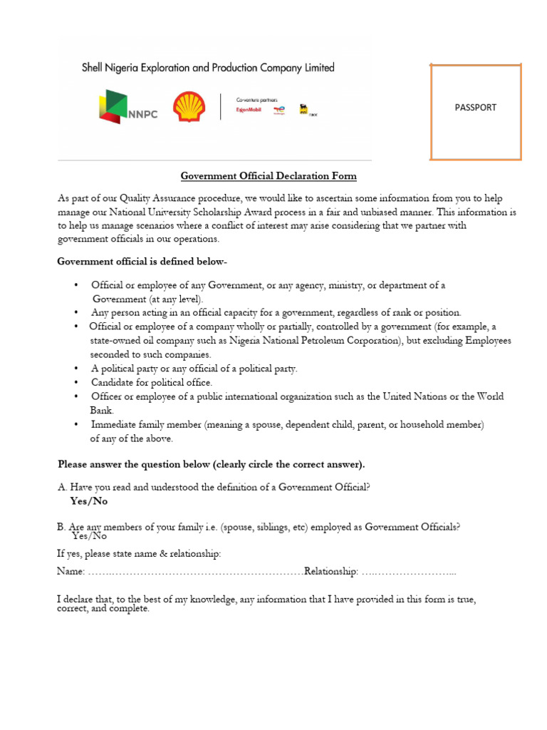 NNPC/SNEPCo Scholarship Declaration Form | PDF | Business