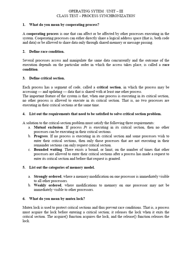 Unit3 Part1 ClassTest Questions | PDF | Process (Computing) | Central ...
