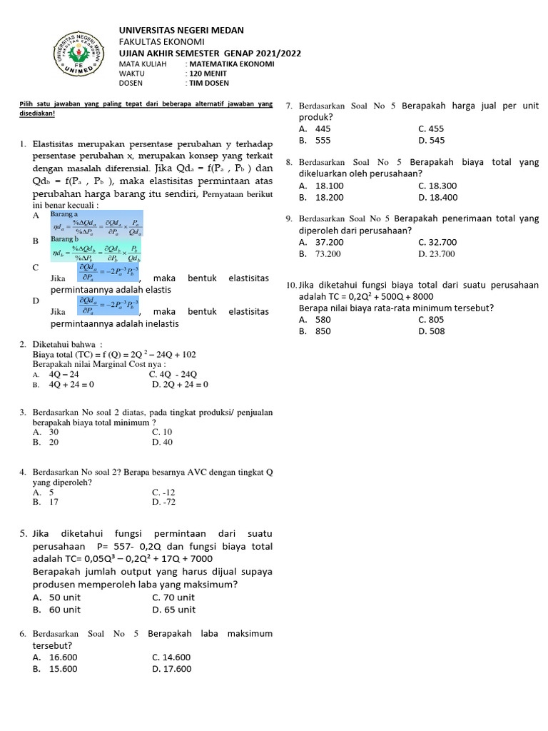 Soal UAS Matematika Ekonomi | PDF