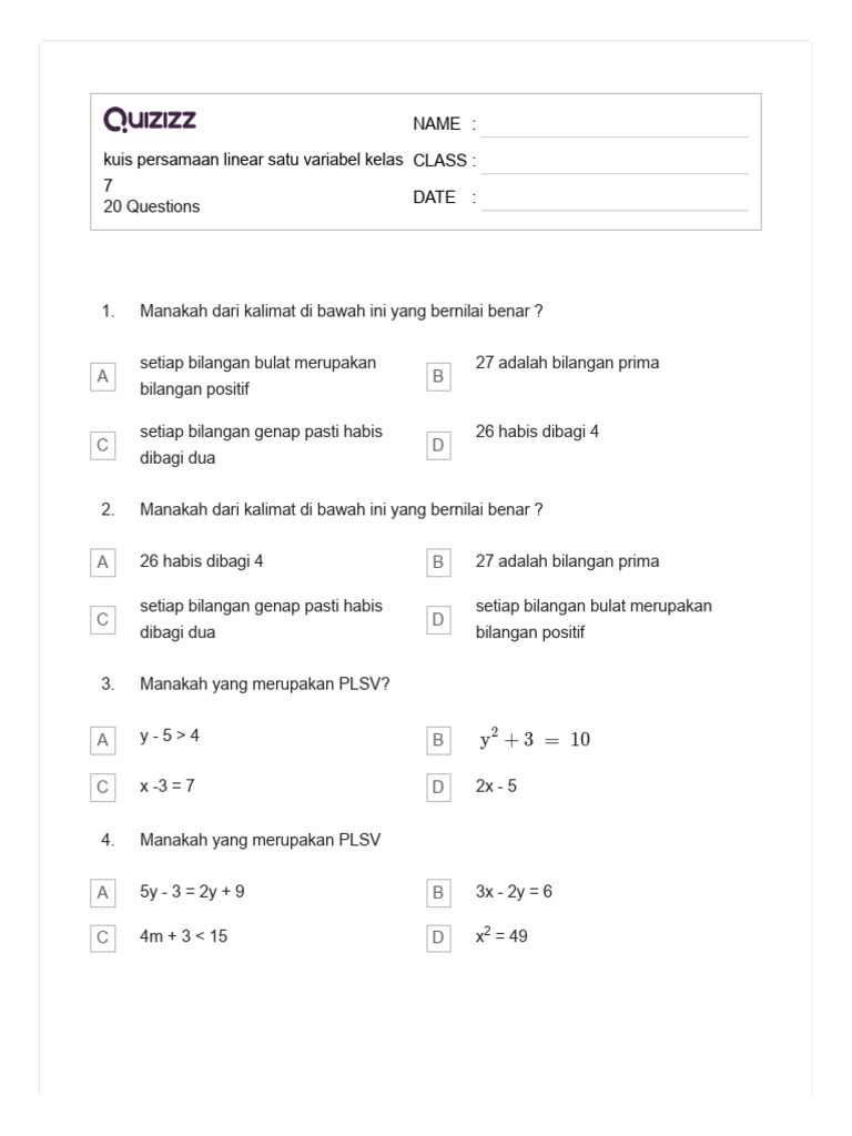 Persamaan Linear Satu Variabel Kelas 7 | PDF