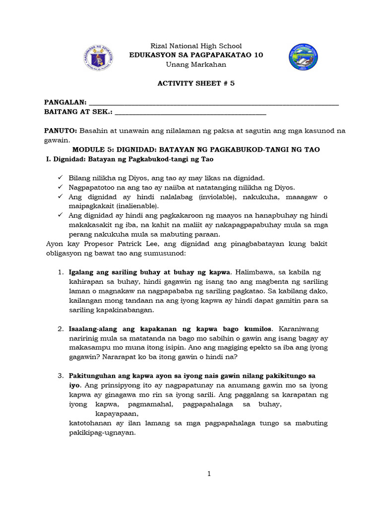 EsP 10 - Activity Sheet # 5 (1st QTR.) | PDF