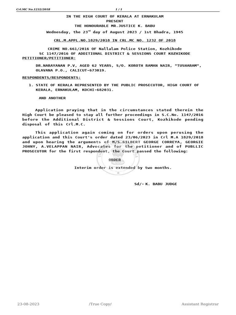 CRL - MC No.1232/2018 1 / 1: 23-08-2023 /true Copy/ Assistant Registrar | PDF