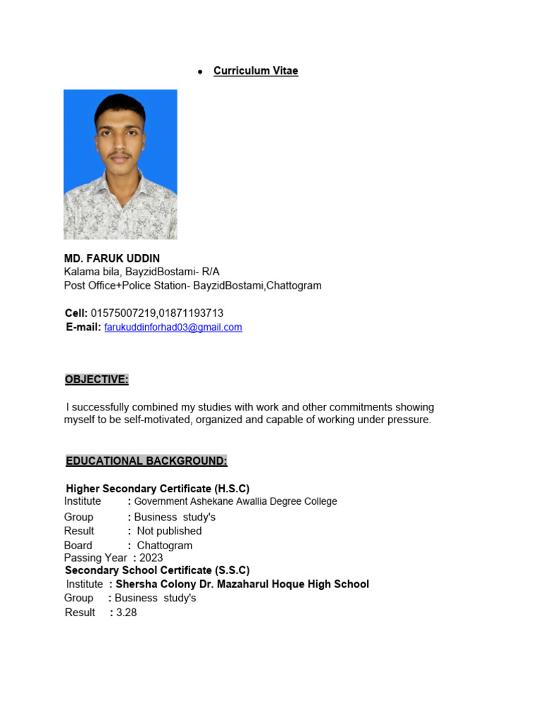 Md. Faruk Uddin: Government Ashekane Awallia Degree College | PDF