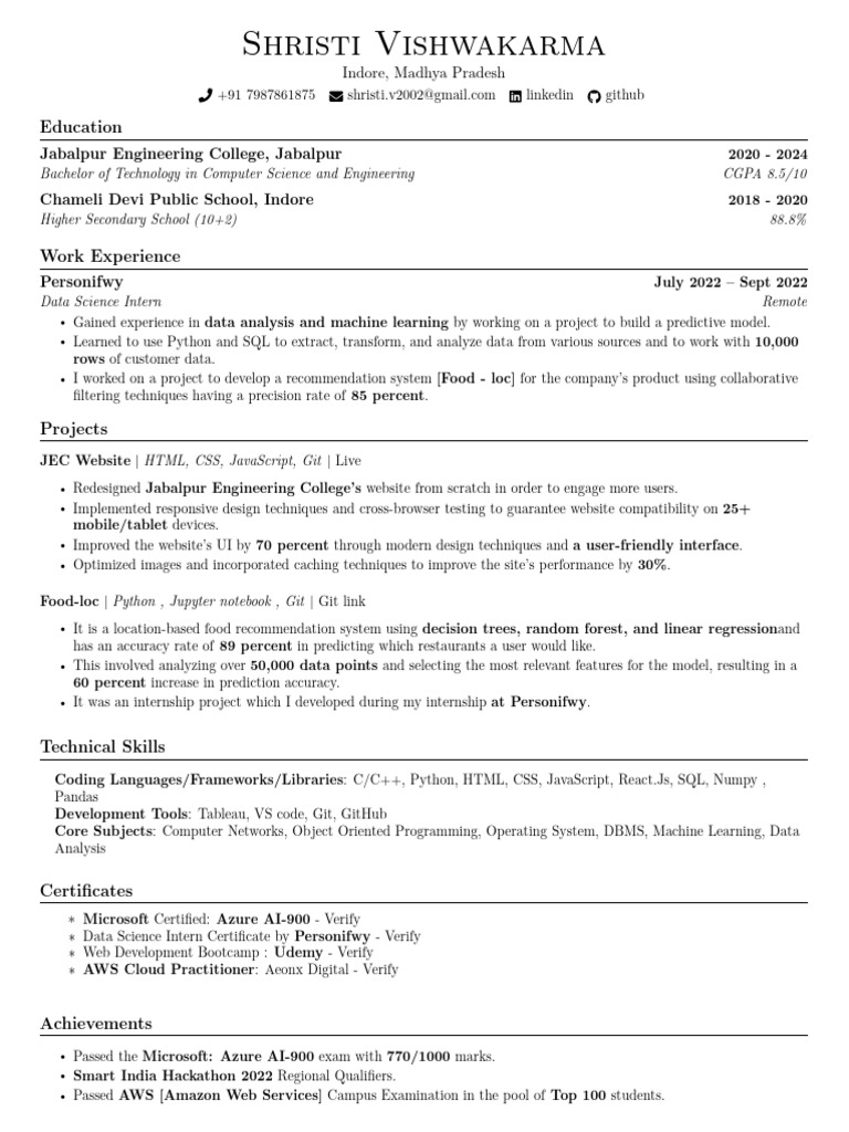 Shristi Vishwakarma Resume PDF | PDF | Amazon Web Services | Data