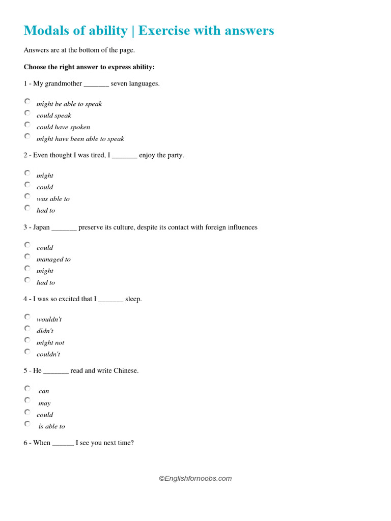 Modals of Ability Exercise With Answers | PDF
