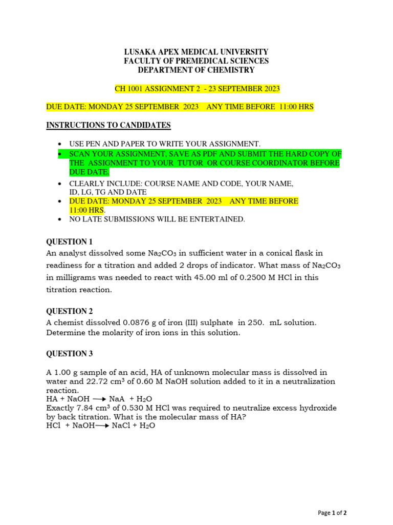 CH 1001 Assignment 2 - Due Date Monday 25 September 2023 Before 11 Hrs | PDF | Chemistry | Titration