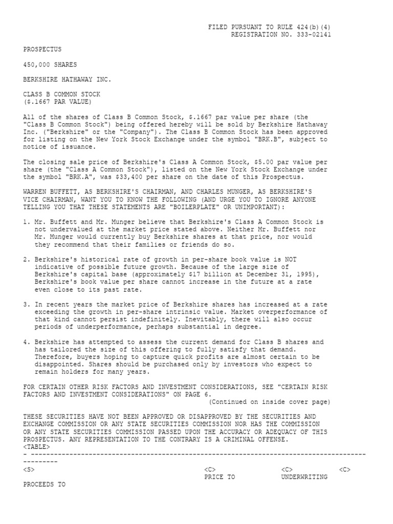 1996 Berkshire Hathaway Class B Shares Prospectus | PDF | Insurance ...