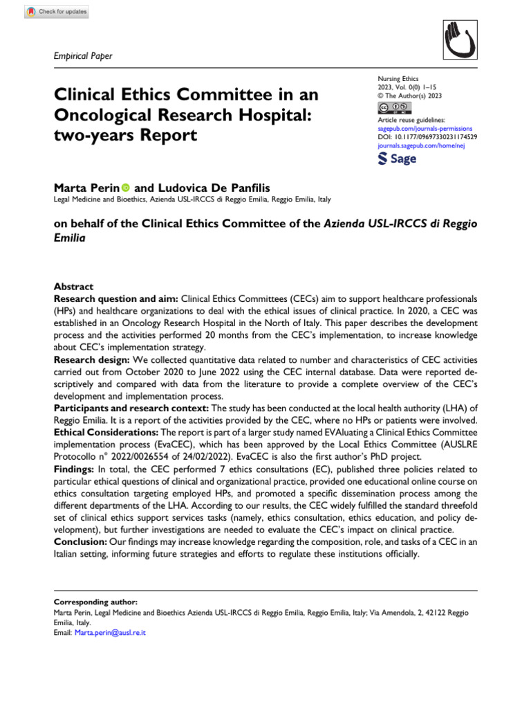 Perin Et Al 2023 Clinical Ethics Committee in An Oncological Research ... Perin Et Al 2023 Clinical Ethics Committee in An Oncological Research ...
