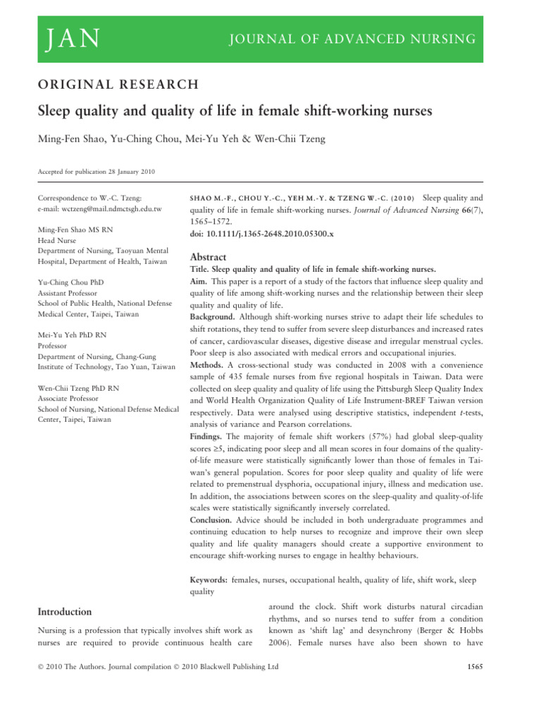 Sleep Quality and Quality of Life in Fem | PDF | Shift Work | Survey Methodology