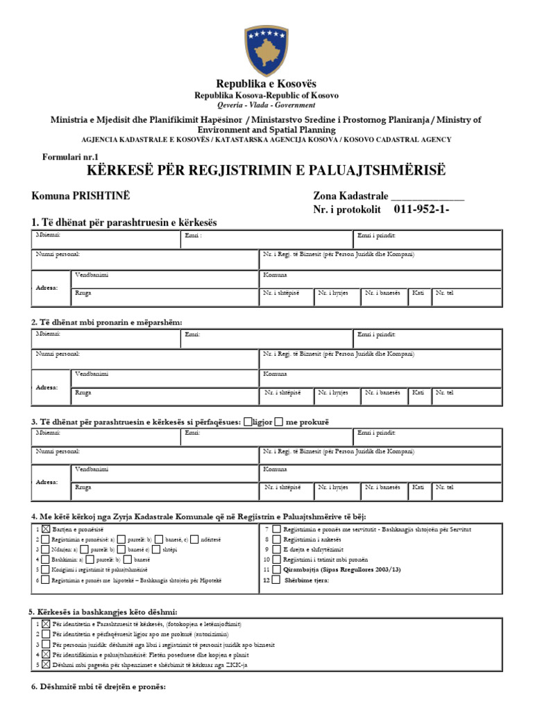 01 Formulari - Kerkesa Per Regjistrimin e Palujtshmerise | PDF