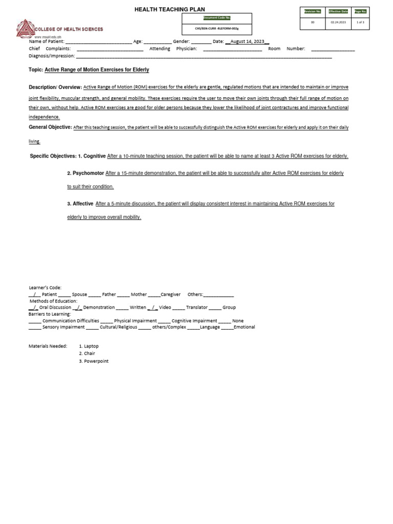 Active ROM Exercises for Seniors Guide | PDF | Learning | Teaching Method