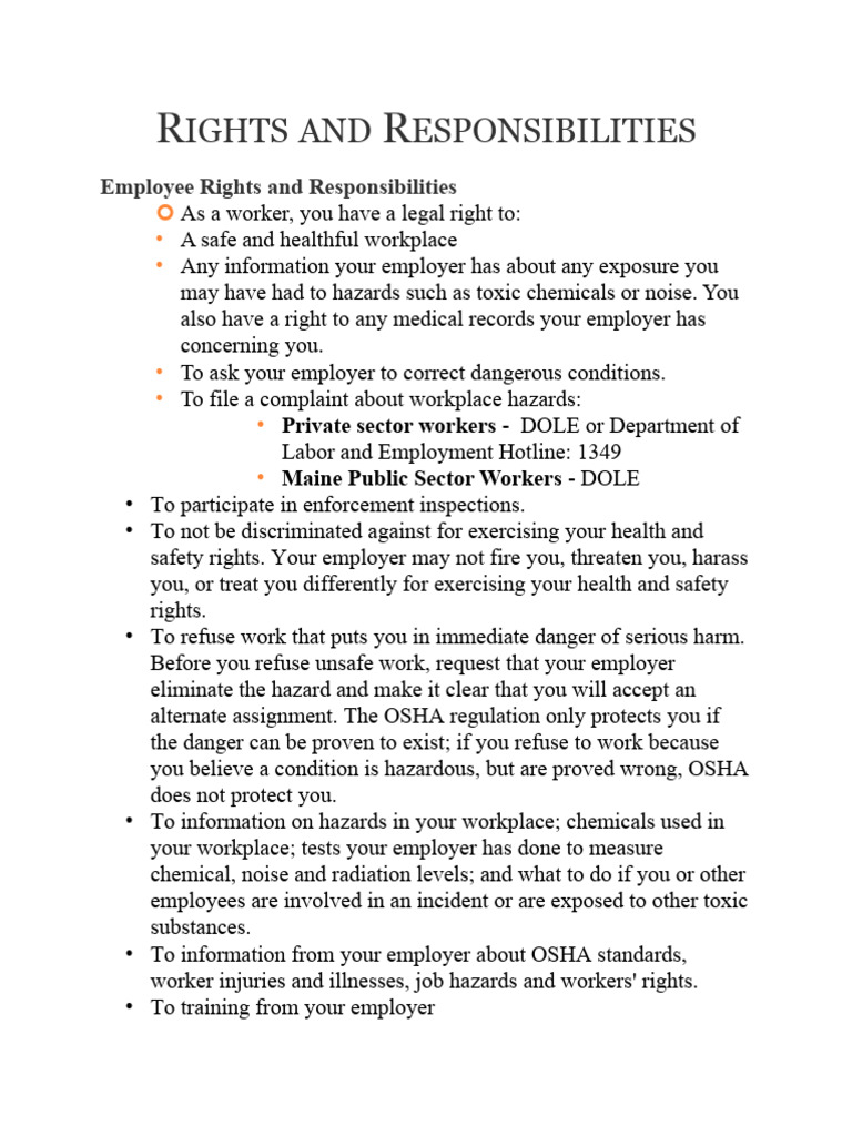 Rights and Responsibilities | PDF | Occupational Safety And Health Administration | Occupational ...
